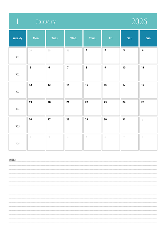 2026年日历表台历 英文版 纵向排版 带周数 周一开始 日历模板(DF007-1463) - 日历表2026年日历打印下载